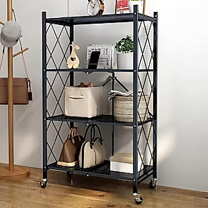 Foldable Storage Shelves on Wheels, 4 Tier Shelves for Storage, Heavy Duty Metal Shelving Units, No Assembly Storage Rack for Garage, Kitchen, Basement, Pantry, Black