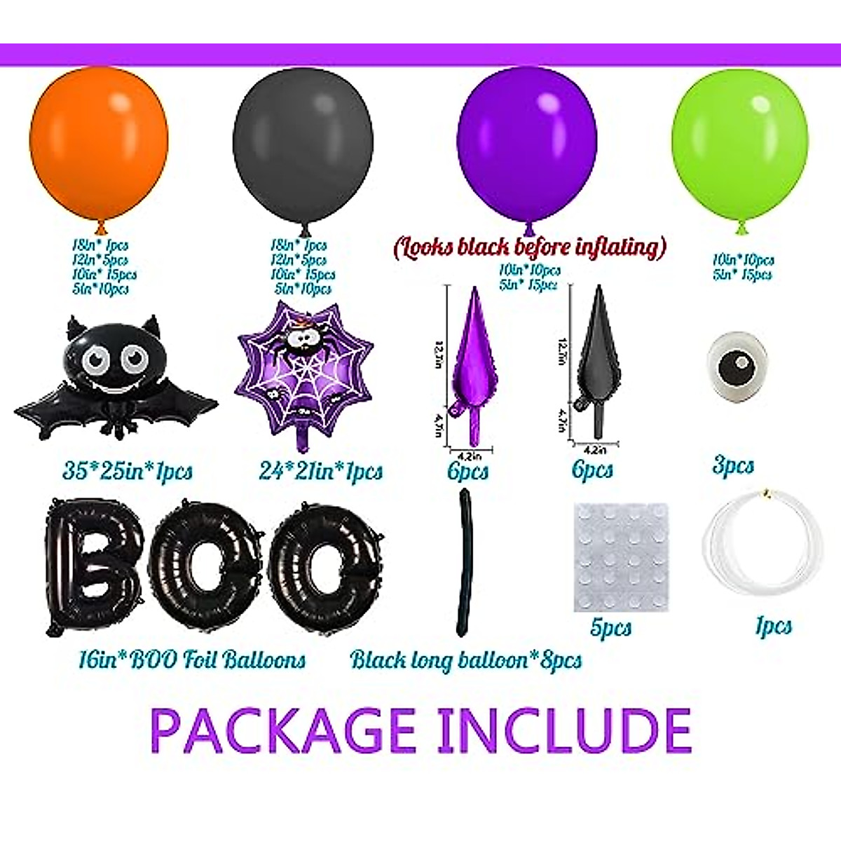 Bonropin 144pcs Halloween Balloon Garland Arch kit with Black Orange Green Purple Eyes Balloons, Bat Spider Boo Foil Balloons, Black Purple Explosion Star Foil Balloons for Halloween Party Decorations