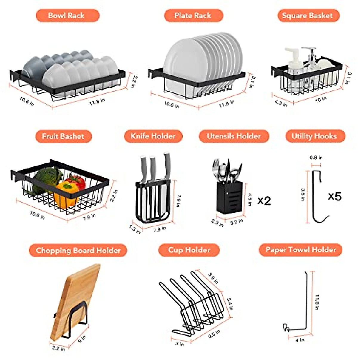 Befano Over The Sink Dish Drying Rack Adjustable (33.5-42.5" Inch), 2 Tier Large Stainless Steel Dish Drainer for Countertop, Kitchen Storage Organizer with 5 Utility Hooks and Paper Holder -Black