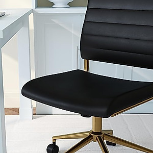 Martha Stewart Ivy Armless Swivel Task Chair for Home Office in Black Faux Leather with Polished Brass Frame