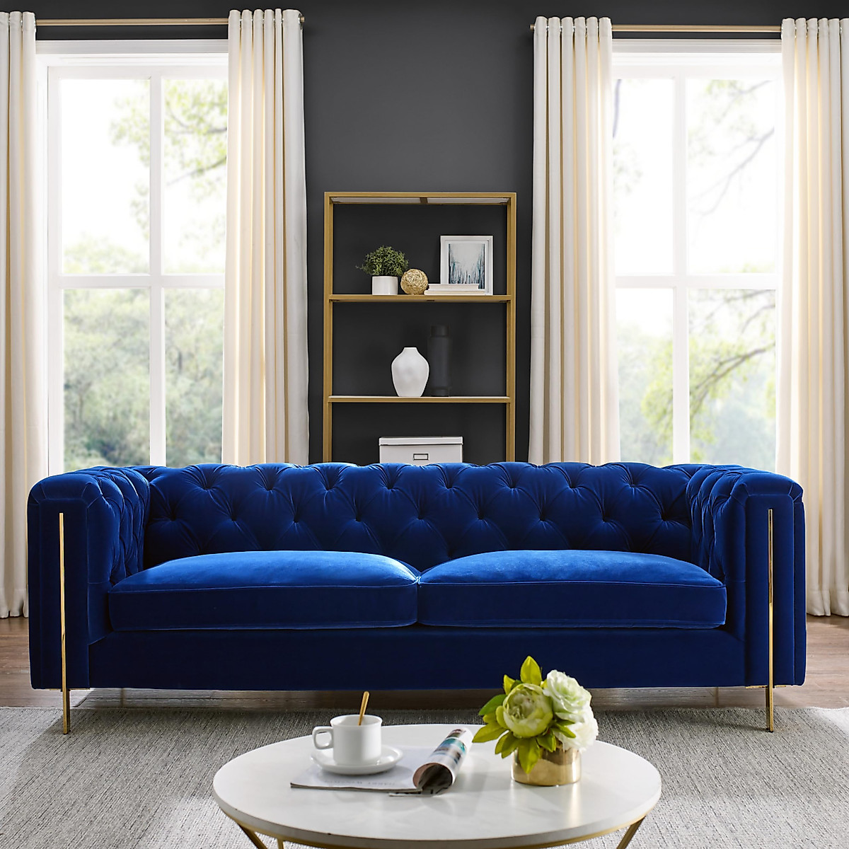 Steve Silver Furniture Charlene Blue Velvet Button Tufted Sofas, Transitional Style, Contemporary Style, for Living Room, Couch and Loveseat, 35.5" D x 84" W x 32" H, Sapphire Blue/Brass
