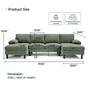 LINSY HOME U Sectional Couch, 111'' W Corduroy Sofa with Sleepable Armrests, 4 Seat Couch with Double Chaises, Deep Sofa for Living Room, Army Green