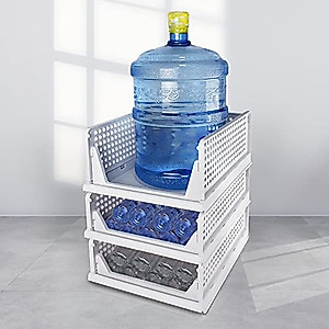 Mupera Stackable Plastic Storage Basket - Upgraded Large White Folding Storage Bins, Plastic Push-pull Clothes Organizer Shelf, Collapsible Storage Organizer for Wardrobe Bathroom Kitchen (4 Pack)