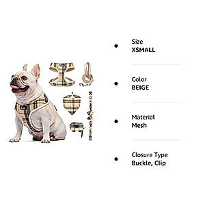 MINA&CO Dog Harness for Small Dogs No Pull - Adjustable Mesh Puppy Harness and Leash Set, Harness Medium Size Dog, Puppy Collar and Leash Set with Bandana & Poop Bag, Dog Vest Harness (Beige, XSmall)