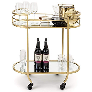 Displays2go Champagne Gold Drinks Trolley, Mirrored Glass Decks, Four Casters - Satin Finish (FSBEVCART5)