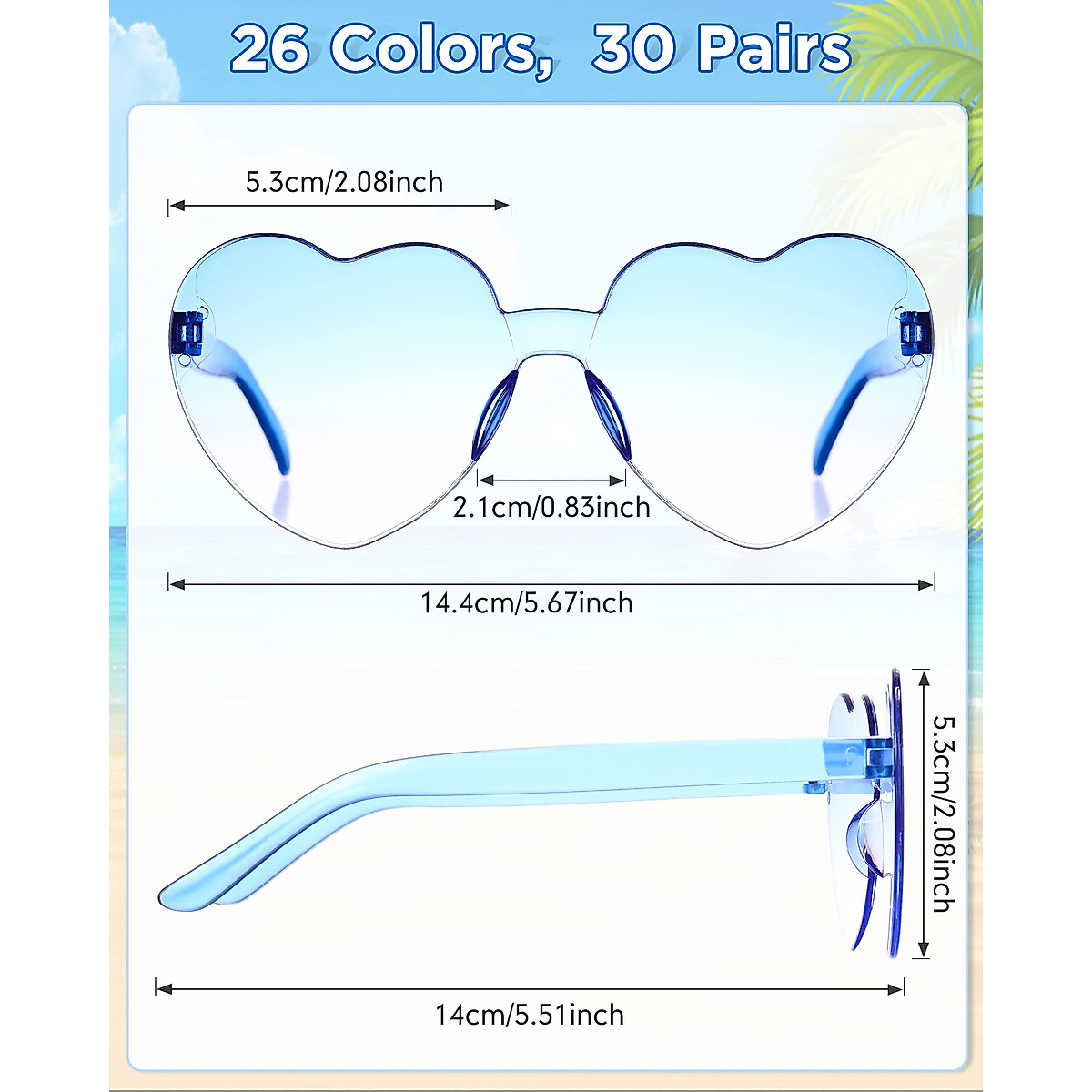 Yunsailing 30 Pcs Heart Shape Sunglasses Rimless Heart Glasses Bulk Colorful Glasses for Adults Trendy Glasses Women Eyewear (Multicolor)