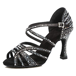HROYL Women Rhinestone Ballroom Dance Shoes Latin Salsa Practice Performance Dance Shoes YCL356-6 Black, 5.5 B(M) US