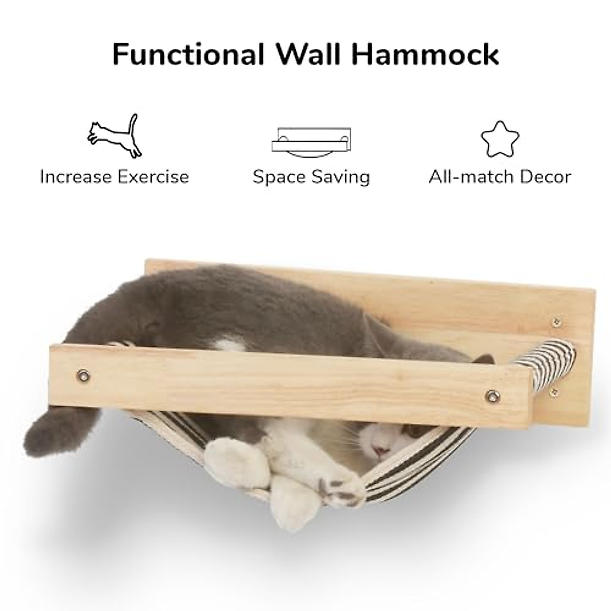 FUKUMARU Hammock Mounted Cat Beds and Perches, Wooden Wall Furniture, Stable Shelves for Sleeping, Playing, Climbing, and Lounging, Black Stripe