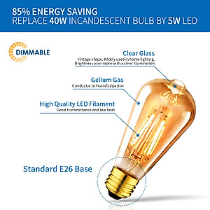 ANWIO Vintage Edison Light Bulb ST21 LED Filament Bulb 5W(40 Watt Equivalent) Dimmable 2500K (Amber Glow) Warm White E26 Medium Base, Amber Glass Cover,6 Pack