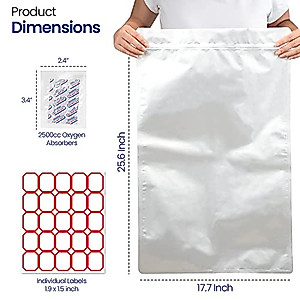 10 Pack - 5 Gallon Mylar Bags For Food Storage with 2500cc Single Sealed Oxygen Absorbers & Labels - 10.5 mil thick, Zipper Resealable Mylar Bag With Stand Up Bottom for Long Term Storage, Heal Seal