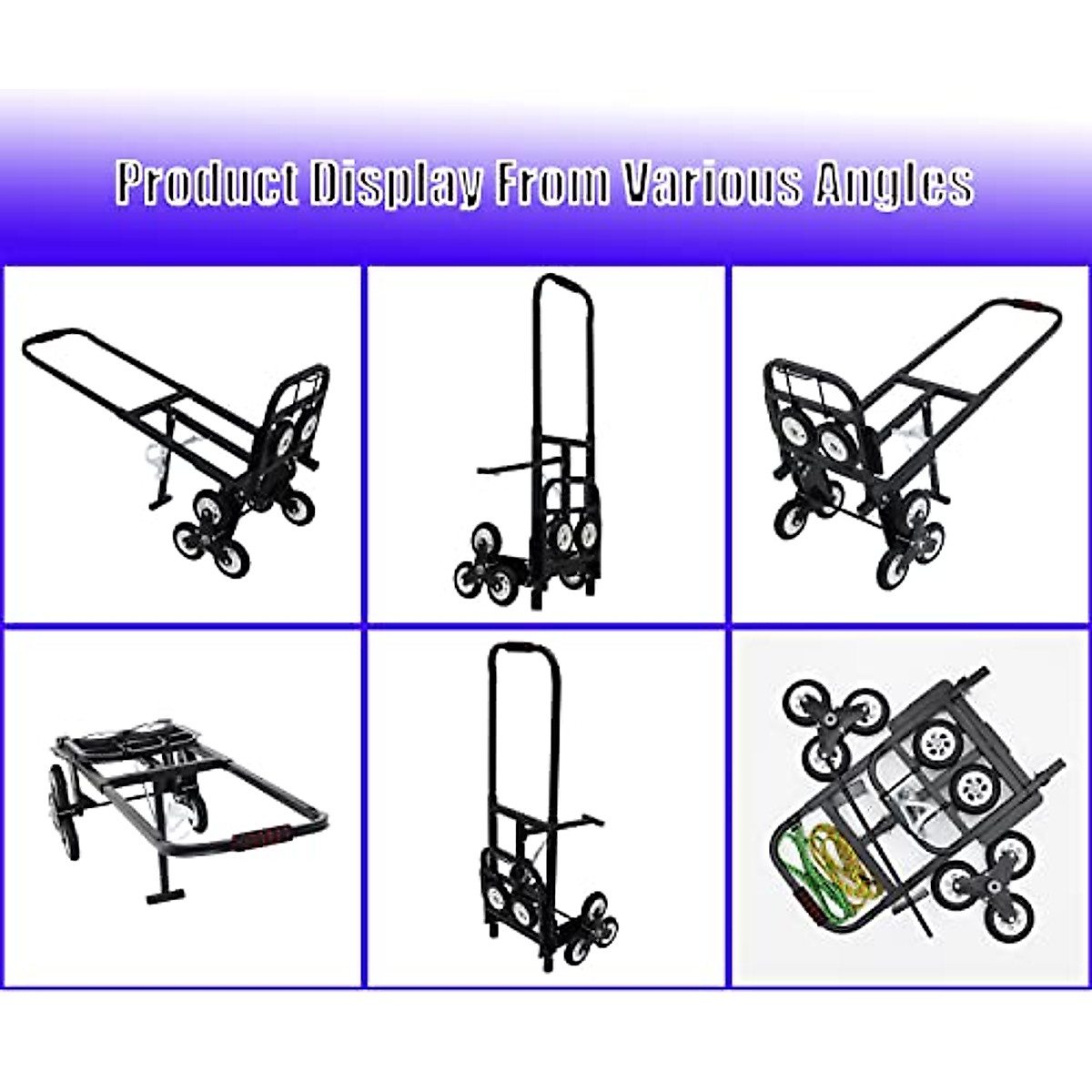 INTBUYING Stair Climber Hand Truck Carbon Steel,420LBS Capacity Stair Climbing Folding Hand Truck 6 Wheels & 2 Backup, Rubber Mute Wheel,Adjustable Handle Length Dolly Cart Trolley for Stairs