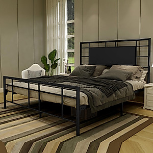 AUFANK King Size Metal Platform Bed Frames with Headboard and Footboard with Storage No Box Spring Needed Easy Assembly Black