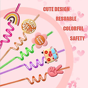 60's Hippie Boho Party Favors Two Groovy Straws Reusable Plastic Drinking Straws 8 Designs 24pcs, Boho Rainbow Birthday Party Favor Kids with 2 Cleaning Brush
