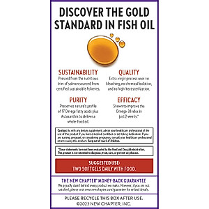 New Chapter Wholemega Fish Oil Supplement - Wild Alaskan Salmon Oil with Omega-3 + Vitamin D3 + Astaxanthin + Sustainably Caught - 120 ct, 1000mg Softgels