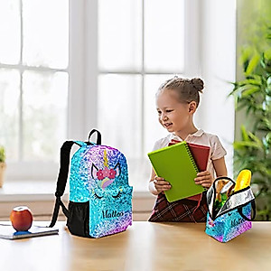 Personalized Name Teen School Backpack, Unicorn Glitter Bookbag Set with Insulated Lunch Tote Pencil Case Travel Bag
