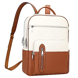 ALTOSY Genuine Leather Backpack Purse for Women Convertible Shoulder Bag Large Laptop Backpack Fits 14 Inch(S114 Brown/White)
