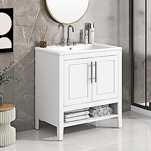 AnwickNomo 30" Bathroom Vanity with Sink Combo, Modern Multi-Functional Bathroom Cabinet with Doors and Drawers, Narrow Depth Bath Vanities,Solid Frame and MDF Board, Large Storage Space (White)