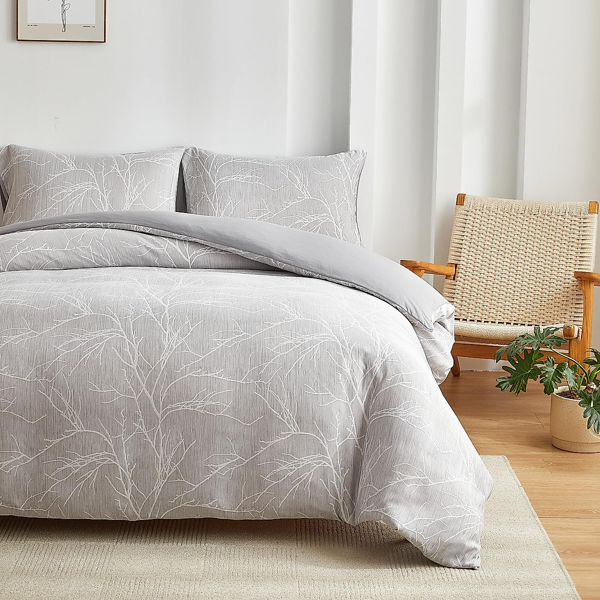 ARYURBU King Size Duvet Cover Set, 3Pcs Microfiber Double Yarn Jacquard Comforter Cover, Breathable Ultra Soft Branch Floral Bedding Set with 2 Pillow Shams for All Season Use, Grey