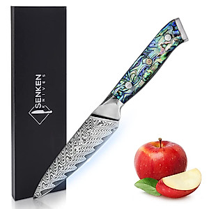 SENKEN Damascus Steel 3.5" Paring Knife with Real Deep-Sea Abalone Shell Handle - Damascus Peeling Knife - 67-Layer Japanese VG10 Forged Steel Blade, Integrated Full-Tang Molding (3.5" Paring Knife)
