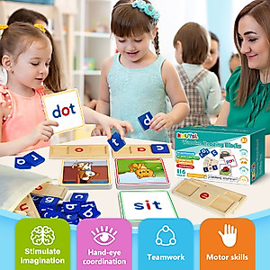 Wooden CVC Reading Spelling Game for Kids, Sight Words Flash Cards for Preschool Kindergarden Learning Activities, Montessori Educational Toys Gifts for 3 4 5 6 Year Old Kids