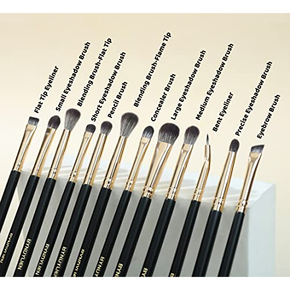 BYNDYLIEN Eye Makeup Brushes - 12pcs Champagne Gold Professional Makeup Brush Set with Soft Synthetic Fiber Hairs and Wood Handle for Eye Shadow, Blending, Concealer, Eyeliner, and Eyebrow