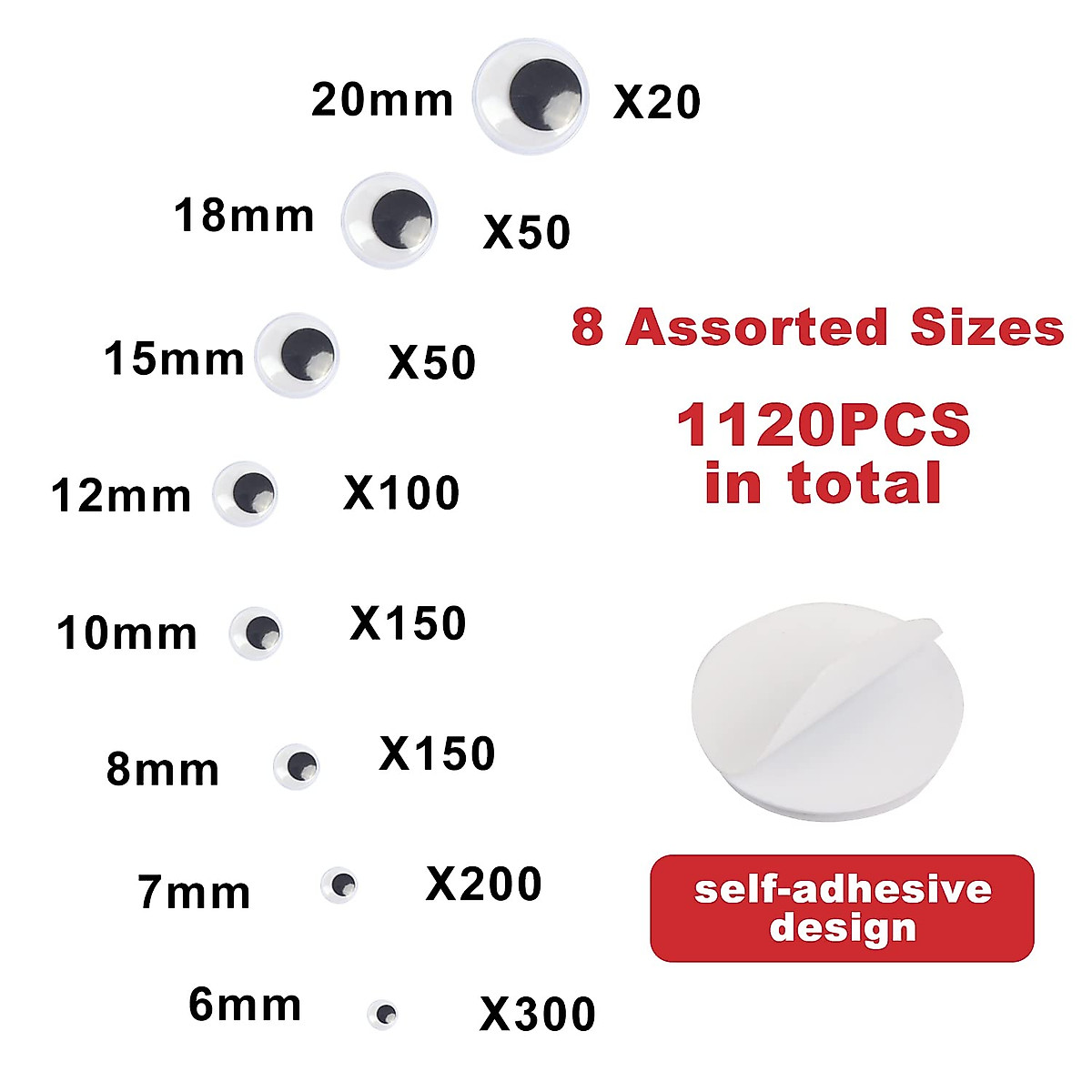 FOIMAS 1020pcs Wiggle Googly Eyes,6mm-20mm Self-Adhesive Wiggle Eyes in Assorted Sizes for DIY Craft,6mm,7mm,8mm,10mm,12mm,15mm,18mm,20mm