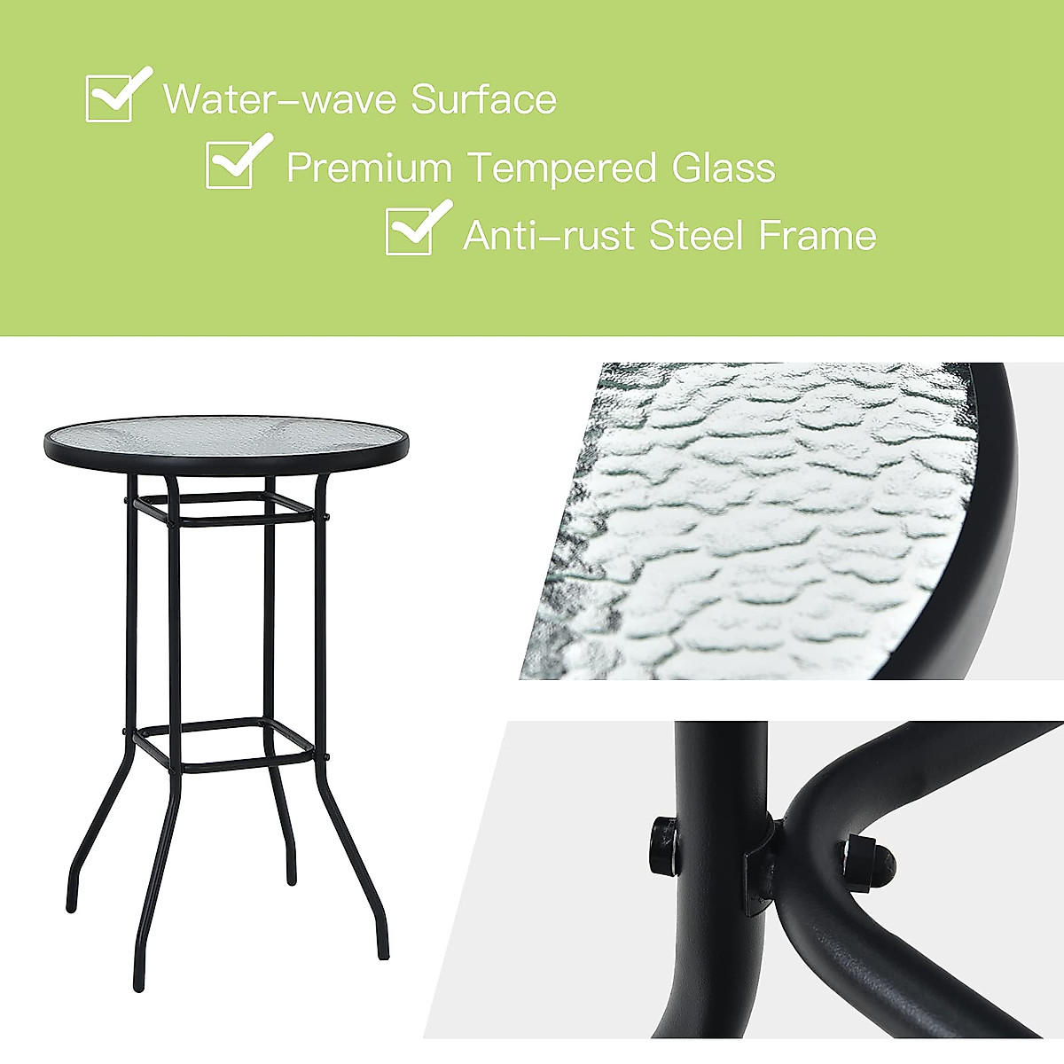 Tangkula 3 Pieces Outdoor Patio Bar Set, Outdoor Bistro Set with 2 Bar Stools and 1 Tempered Glass Bar Table, Bar Height Patio Table and Stools Set for Backyard, Garden, Lawn (Black)