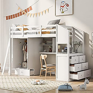 BIADNBZ Twin Size Loft Bed with Storage Wardrobe and Drawers, Wood Loftbed Frame w/Desk and Shelves for Kids/Boys/Girls/Teens Bedroom, White
