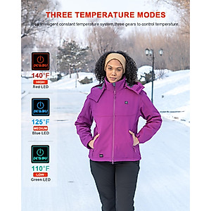 DEWBU Soft Shell Heated Jacket for Women with 12V Battery Pack and Detachable Hood Outdoor Electric Heating Coat, Purple, XL