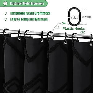 Dynamene Black Fabric Shower Curtain, Boho Farmhouse Textured Tufted Geometric Striped Shower Curtains for Bathroom, Wrinkle Free, Shabby Chic Waterproof Cloth Shower Curtain Set with Hooks, 72x72