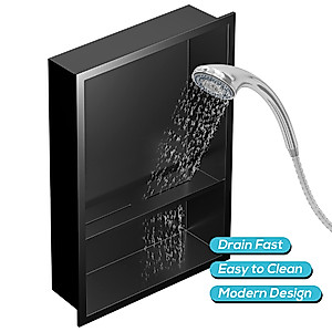 Qeke Stainless Steel Shower Niche 18" X 12", No Tile Needed Wall Niche Double Shelves, Recessed Niche Shower for Bathroom Storage, Matte Black