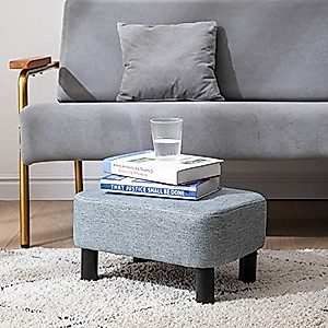 IBUYKE 16.54" Small Footstool Linen Fabric Pouf Ottoman Footrest Modern Home Living Room Bedroom Rectangular Stool, with Padded Seat Pine Wood Legs, Gray RF-BD214-D