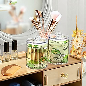 xigua 2 Pack Qtip Holder Dispenser with Lids Frog Lotus Dragonfly Clear Plastic Jar Set for Bathroom Canister Storage Organization,Vanity Makeup Organizer#287