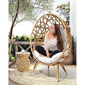 Crestlive Products Patio Wicker Egg Chair with Cushion and Pillow, Oversized Rattan Hanging Basket Lounge Chair with Legs, Teardrop Cuddle for Indoor Outdoor Bedroom Garden Deck Balcony (Beige)