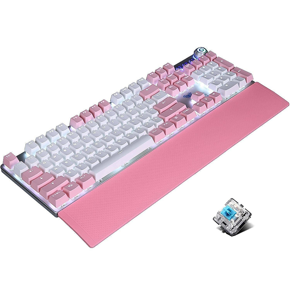 Mechanical Gaming Keyboard, with Multimedia Knob, Wrist Rest, Metal Panel, White LED Backlit, Pink and White PBT Keycaps, USB Wired Full-size Keyboard for Gamer Office PC Laptop Mac (Blue Switch)