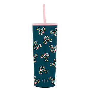 Simple Modern Disney Character Insulated Water Bottle Tumbler with Straw Lid -Stainless Steel Reusable Wide Mouth Travel Cup 24oz Tumbler Mickey Mouse Floral Riptide