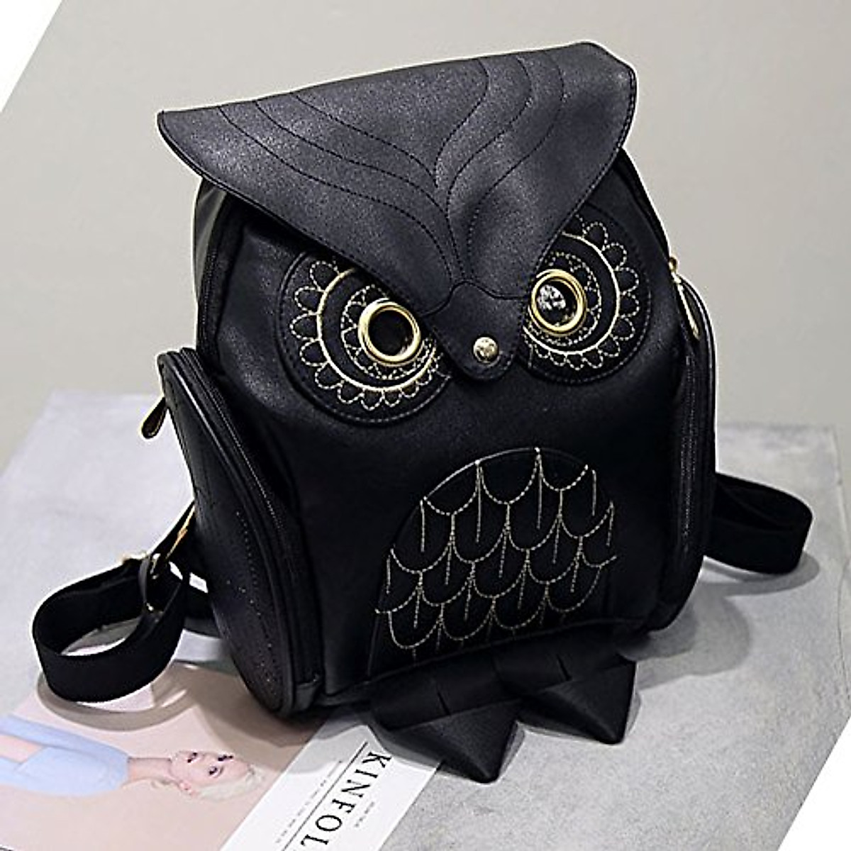 Girl's Owl Cartoon Backpack Pu Leather Mini Bag (Black)