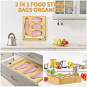 Ziplock Bag Storage Organizer with Cutter, 2 IN1 Bamboo Roll Plastic Bag Organizer for Kitchen Drawer, Compatible with Gallon Quart Sandwich Bag and Aluminum Foil Plastic Wrap