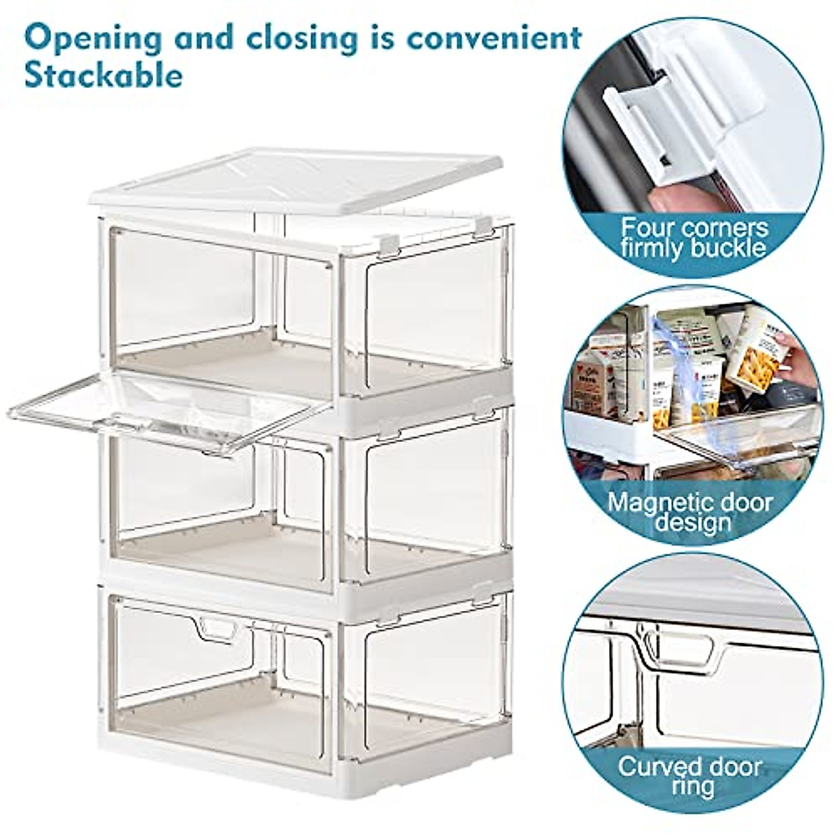 Clear Storage Bin with Lid 3 Pack 【Stackable & Sturdy】Plastic Bins for Storage, Multifunctional Folding Storage Bins for Bedroom, Living Room, Study, Toy Room, 22 QT Folding Box with Magnetic door