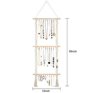 Grathia Hanging Jewelry Organizer Macrame Necklace Holder with 30 Hooks, Wall Mounted Necklace Rack, Necklace Hanger with Tassel for Necklaces Bracelet Earrings (Beige)