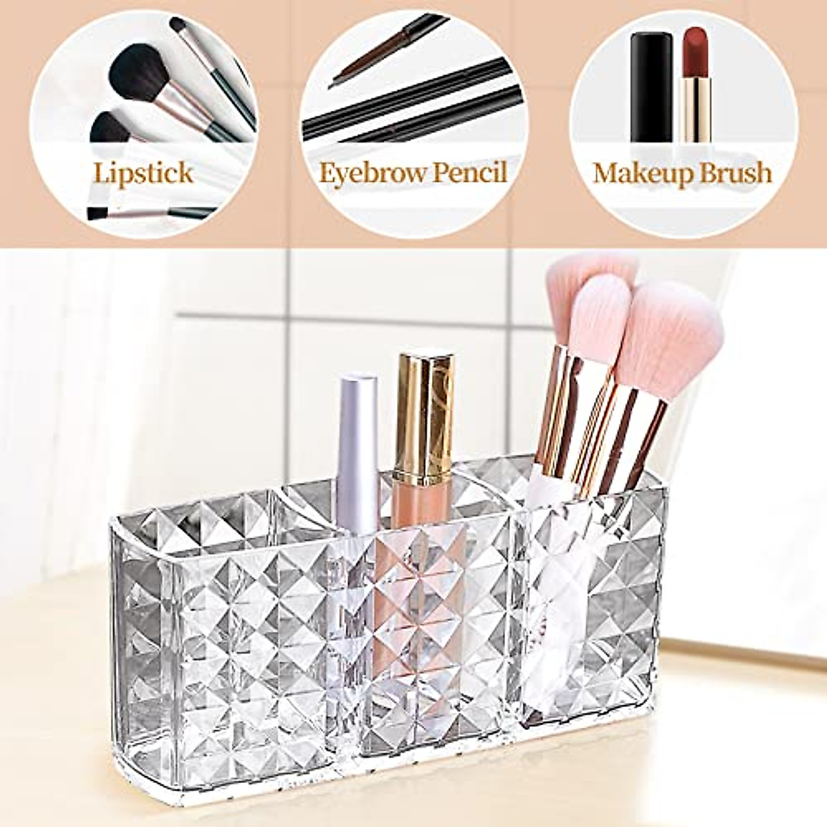 CiCiKiea Acrylic Makeup Brushes Holder Pen Pencil Organizer for Desk, Desktop Storage with Diamond Surface for Cosmetic Eyebrow Pen, Lip Gloss, Brushes, Office,School,Home-Clear