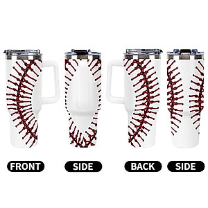 40 Oz Baseball Insulated Stainless Steel Tumbler with Handle & Straw Lid, Reusable Travel Cupholder Friendly Mug for Coffee, Water, Tea