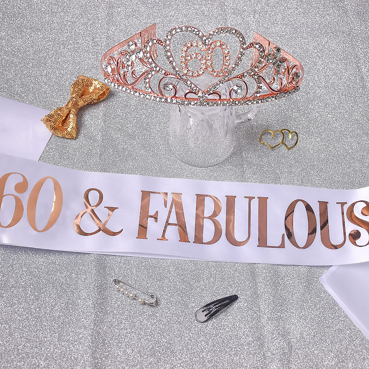 SKJIAYEE 60th Birthday Party Sash and Tiara Kits-60th ‘FABULOUS’ White Sash and Glitter Rose Gold Crown and Birthday Balloons for Women Birthday Party Decorations Supplies