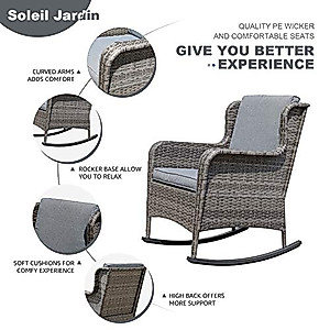 Soleil Jardin Outdoor Resin Wicker Rocking Chair with Cushions, Patio Yard Furniture Club Rocker Chair, Gray Wicker & Gray Cushions,Set of 2