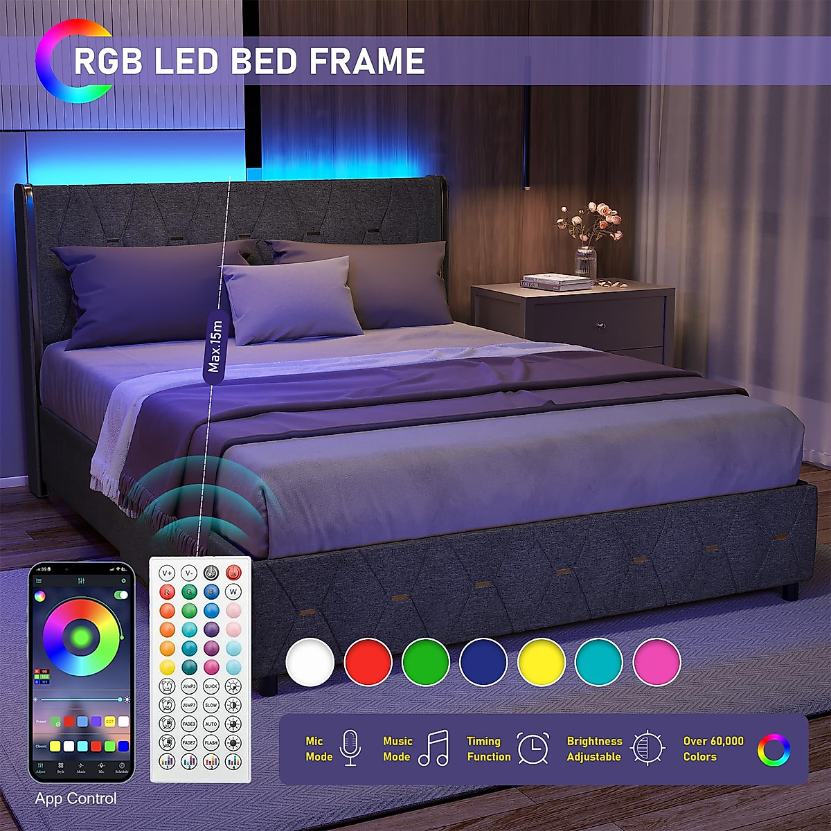 HOMFAMILIA LED Full Bed Frame with 4 Storage Drawers, Upholstered Full Platform Bed with Adjustable LED Lights Headboard, Storage, Noise Free, No Box Spring Needed, Easy Assembly, Dark Grey