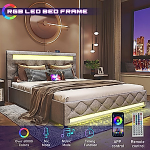 HOMFAMILIA Full Bed Frame with Headboard and Drawers, LED Bed Frame with Adjustable Storage & LED Lights Headboard, Upholstered Platform Bed with 2 USB Ports, No Box Spring Needed, Light Grey