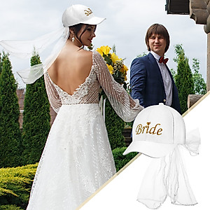 Bridal Baseball Cap Women's Lace Veil Adjustable Bride Hat Wedding Bridal Party Hat Gold Embroidered Ponytail Trucker Ponycap for Bachelorette Wedding Beach Ball Sports, White