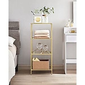 VASAGLE Bookcase, 4-Tier Bookshelf, Slim Shelving Unit for Bedroom, Bathroom, Home Office, Tempered Glass, Steel Frame, Gold Color ULGT28G