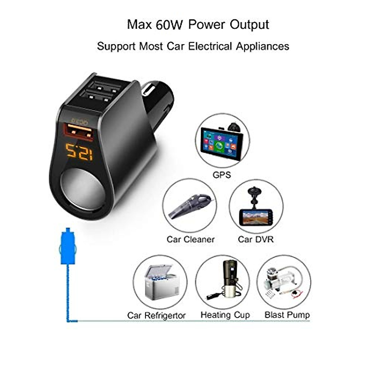 LIHAN Car Charger Extension Cigarette Lighter Adapter,Socket Splitter 3 USB Ports and Voltage Meter,fit for 12V/24V Automobile Outlet,Compatible with iPhone 14,13,12,iPad,Samsung(BlackQC3.0)