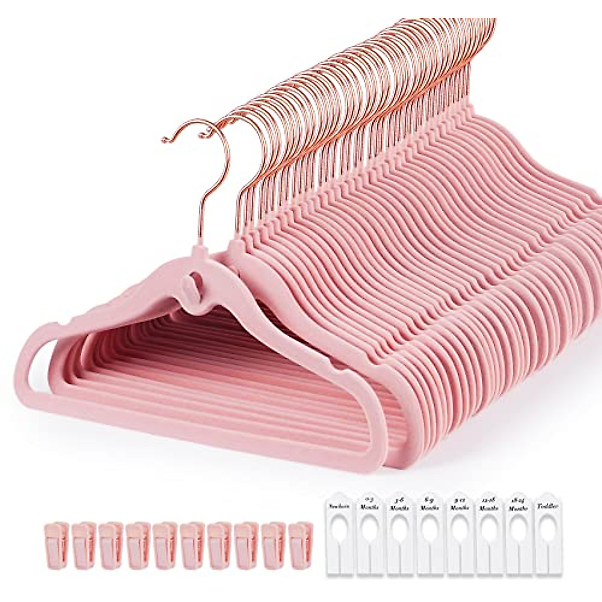 HOUÍSM Baby Hangers Pink Velvet, 60Pack Non-Slip Kids Clothes Hangers+ 10 Finger Clips + 8 Baby Closet Dividers, Space Saving Cascading Hangers for Nursery Closet Organization